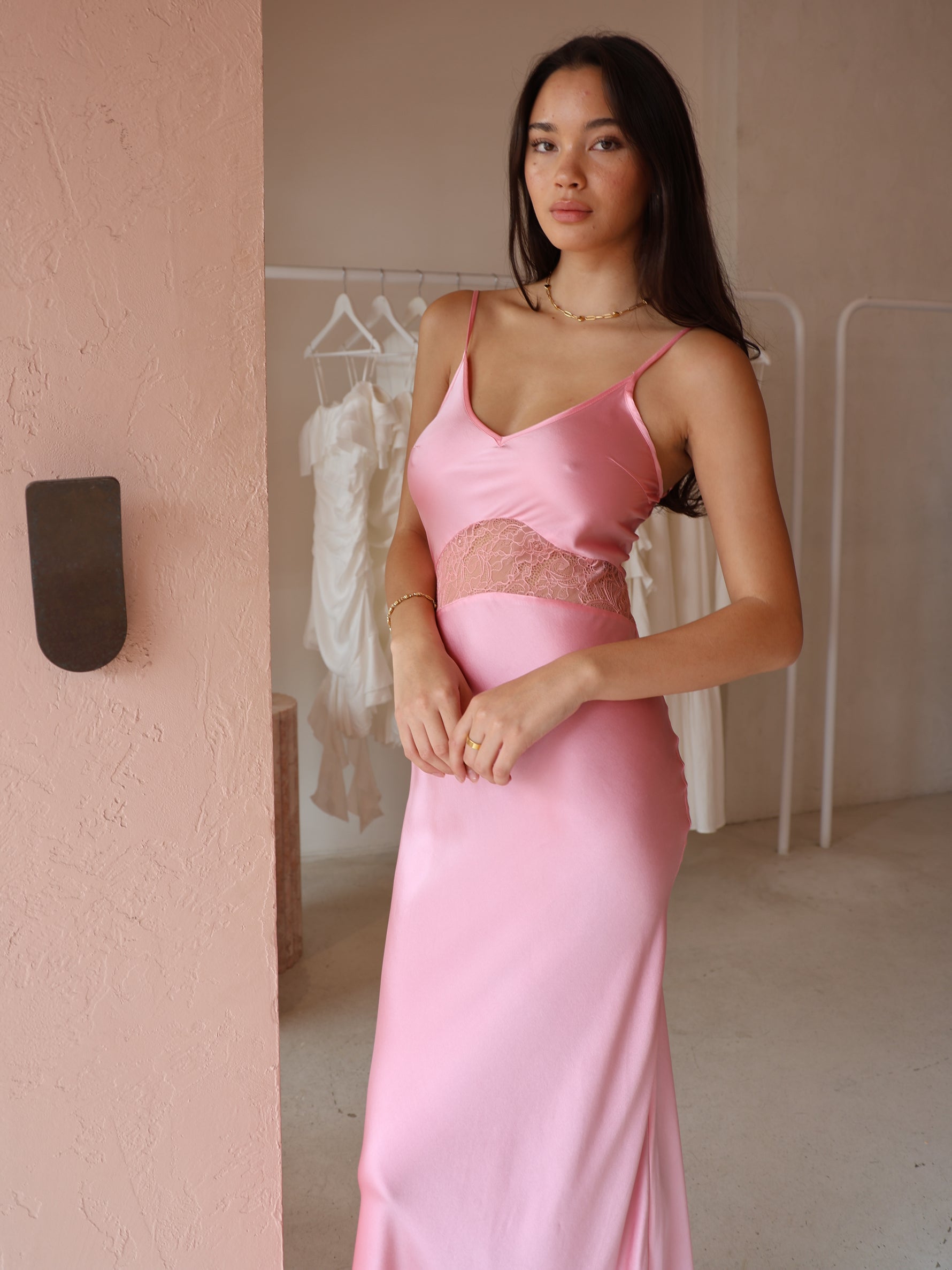 Romy Silk Maxi Dress with Lace in Candy Pink – Coco & Lola