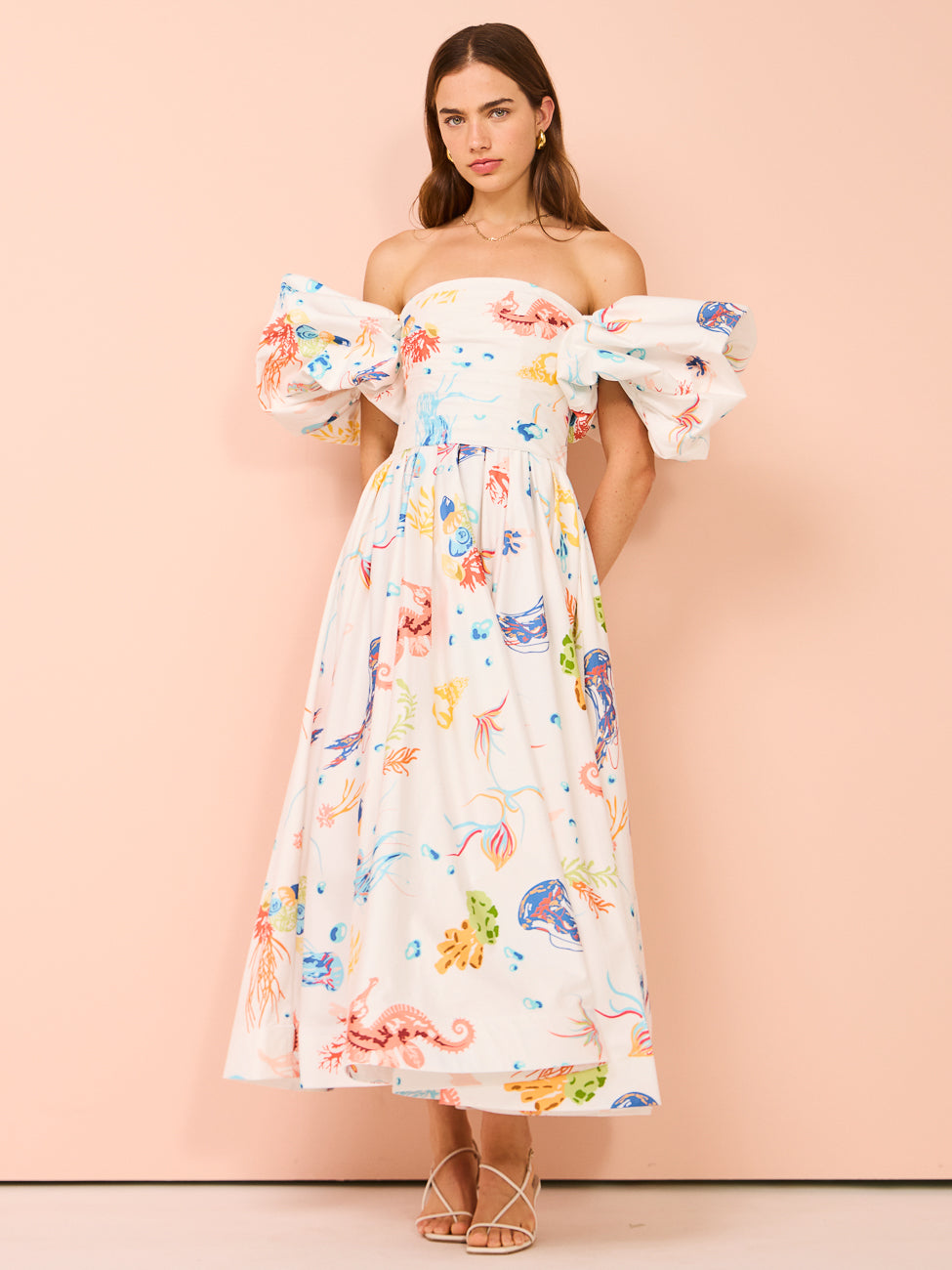 Leo Lin Matilda Puff Sleeve Midi Dress in Twilight Print in White ...