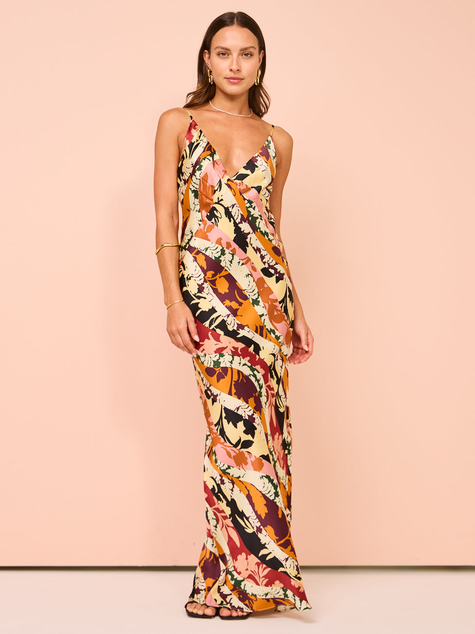 Shona Joy Cielo Silk Plunged Maxi Dress in Tangerine/Multi – Coco & Lola