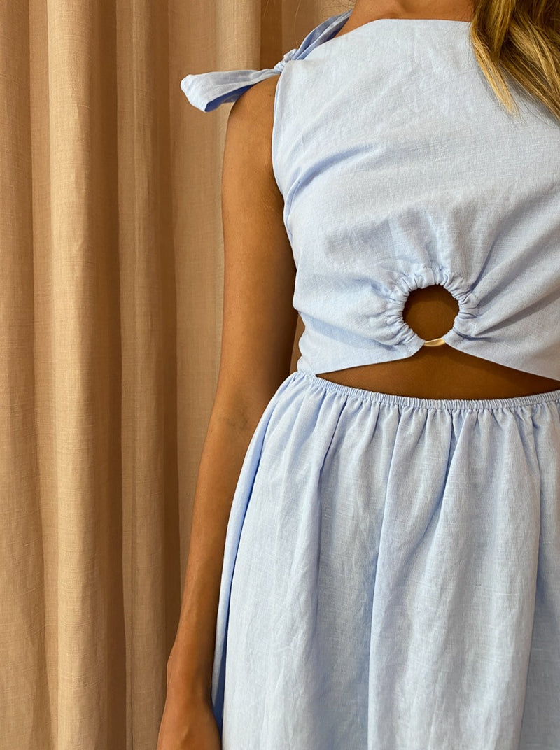 Dahlia One Shoulder Ring Detail Maxi Dress in Sky - Coco & Lola