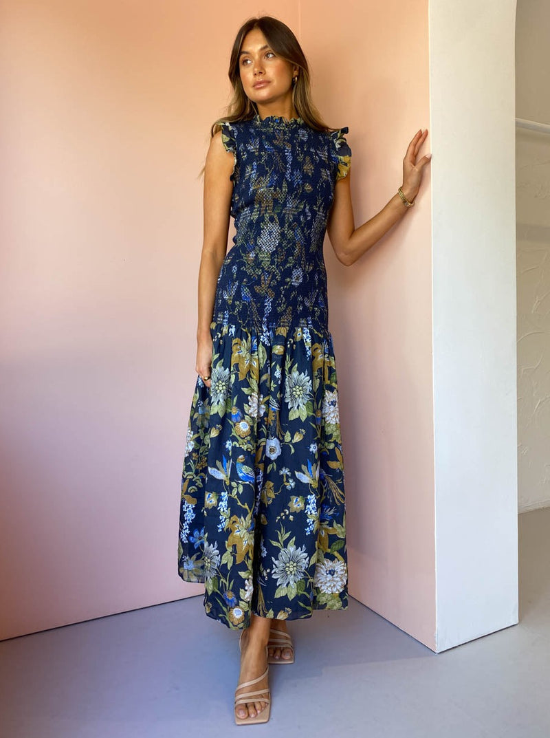 Diana Smocked Midi Dress in Delia Print - Coco & Lola
