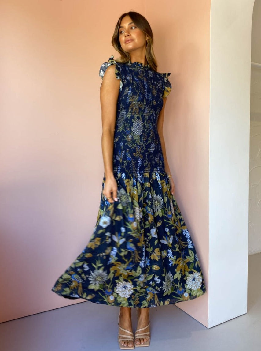 Diana Smocked Midi Dress in Delia Print - Coco & Lola